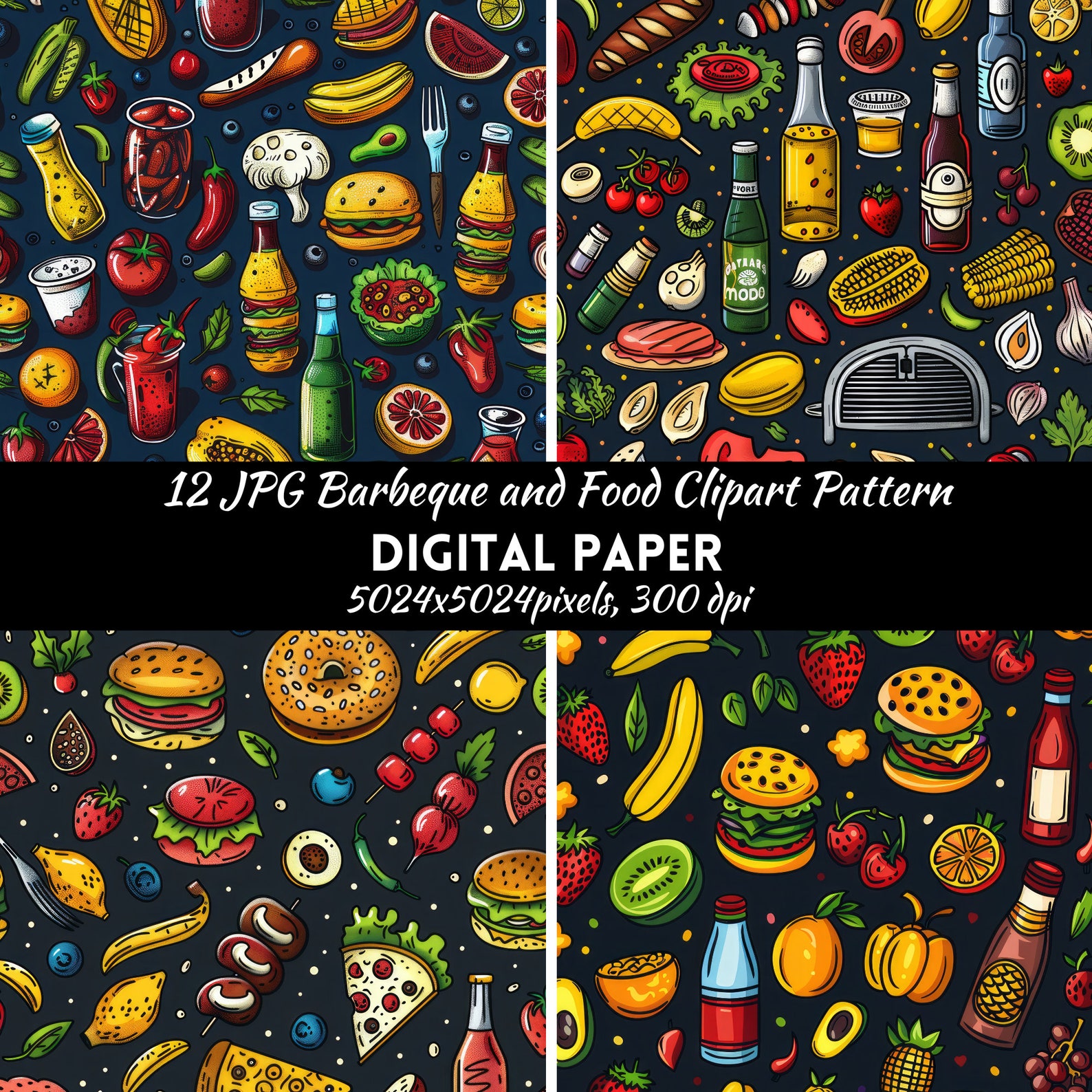 Barbeque and Food Doodles Seamless Pattern Clipart Digital Paper, Food ...