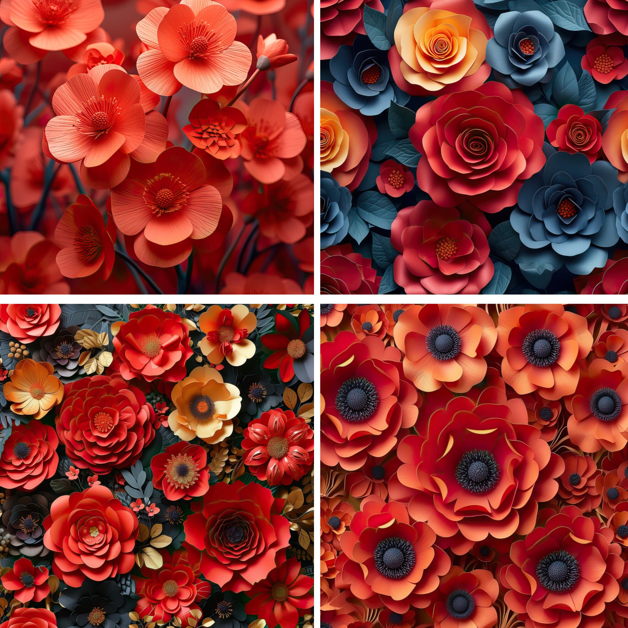 Paper Flowers, Red Paper Flowers Seamless Pattern, Digital Paper, 3D ...