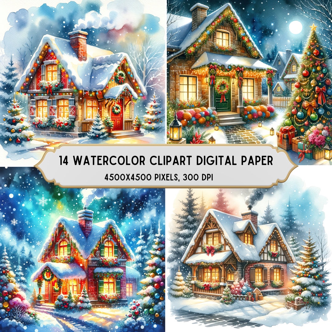 Christmas House Clipart Digital Paper, Winter House Clipart House ...