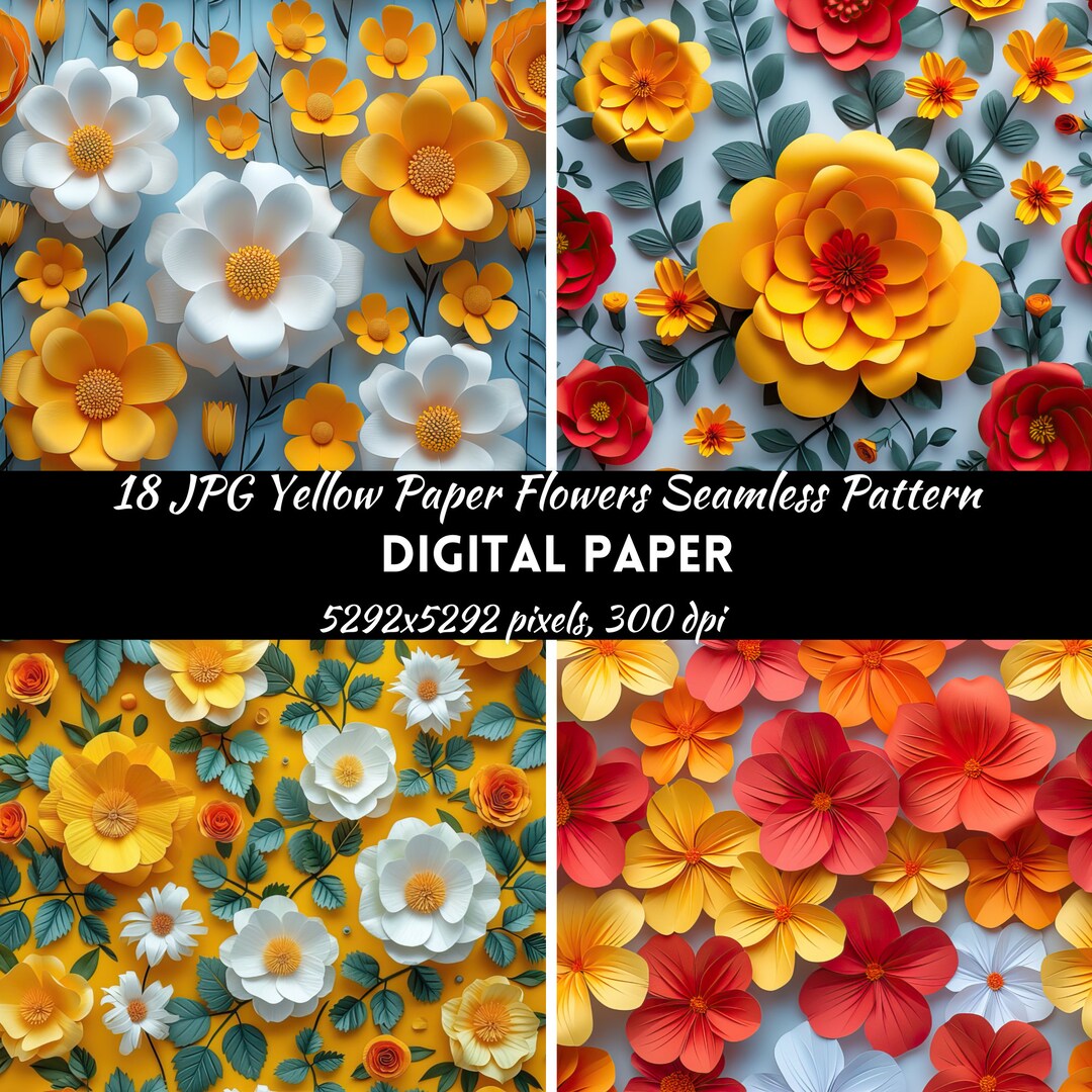 Yellow Paper Flowers, Paper Flowers Seamless Pattern Digital Paper, 3D ...