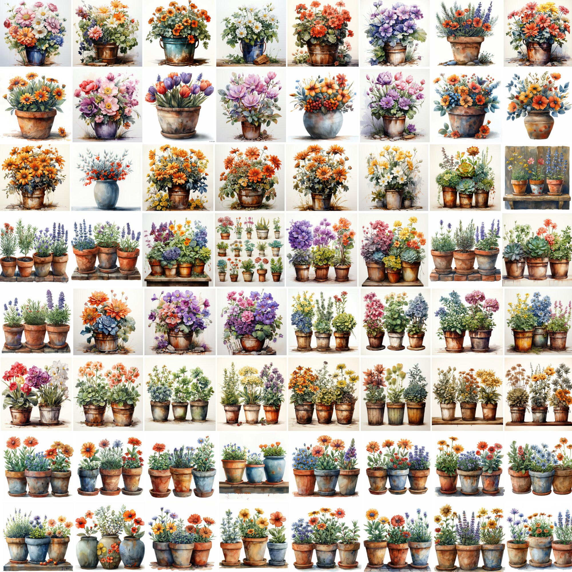 Flower Pot Clipart Digital Paper Commercial Use, Rustic Pots, Printable ...