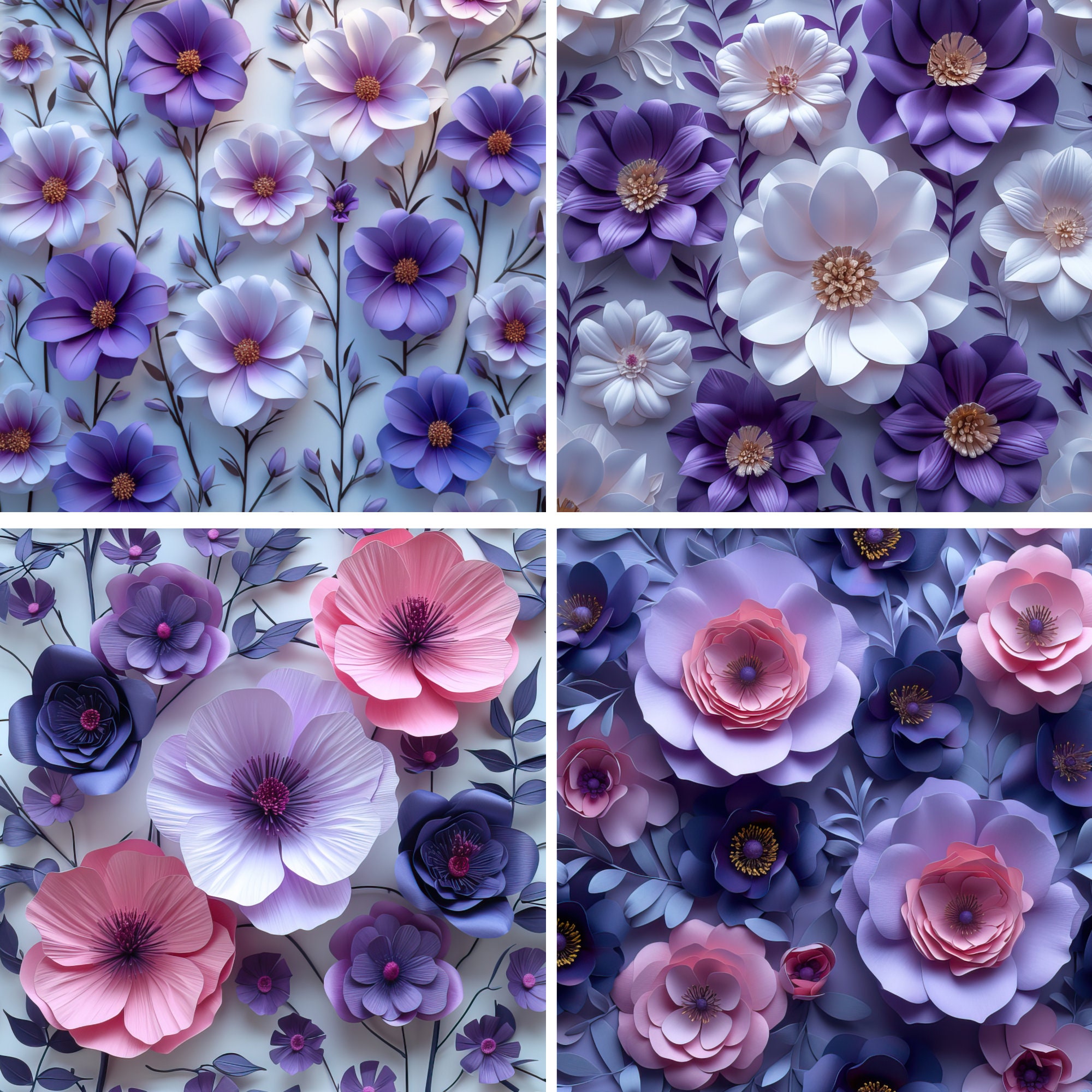 Purple Paper Flowers Seamless Pattern Digital Paper, Paper Flowers, 3D ...