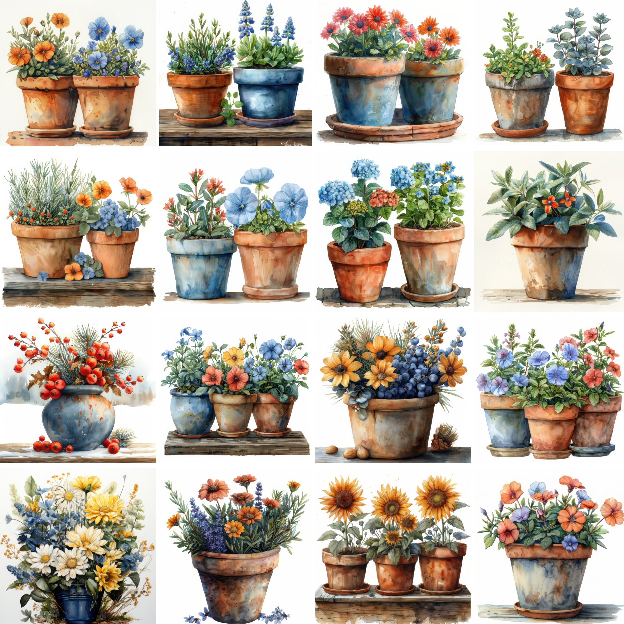 Flower Pot Clipart Digital Paper Commercial Use, Rustic Pots, Printable ...