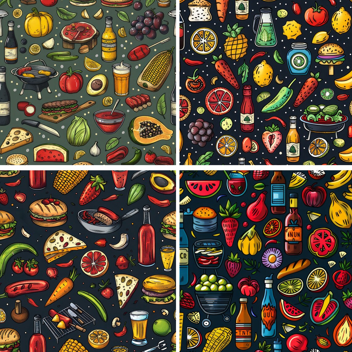 Barbeque and Food Doodles Seamless Pattern Clipart Digital Paper, Food ...