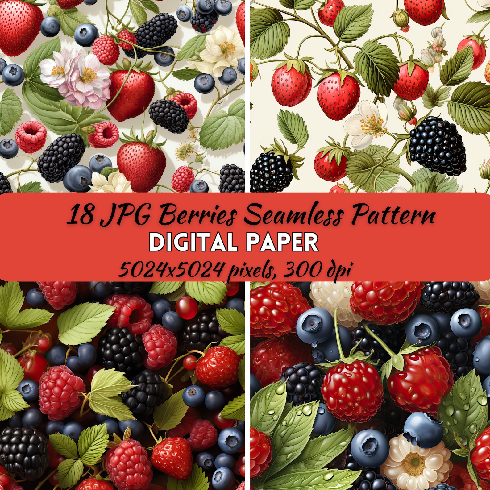 Berries Digital Paper, Berries Seamless Pattern, Scrapbook Paper Fruit ...