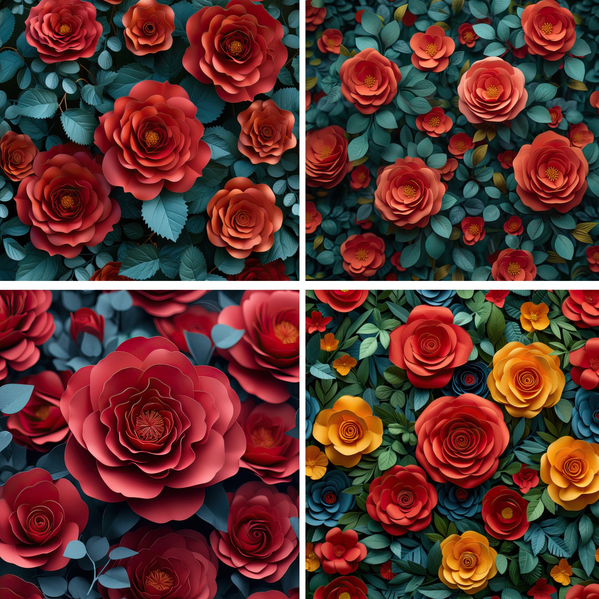 Paper Flowers, Red Paper Flowers Seamless Pattern, Digital Paper, 3D ...