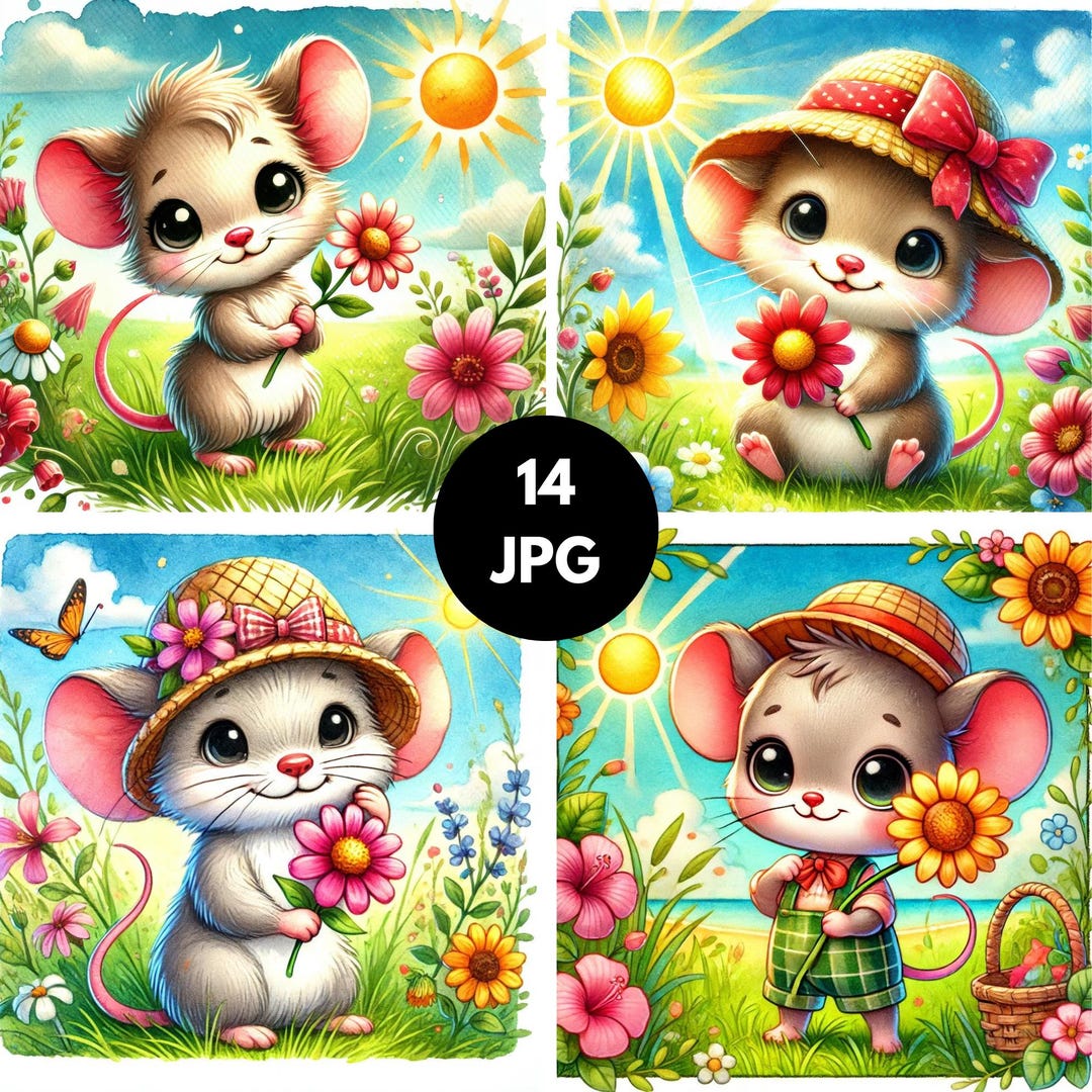 Flower Mouse Clipart, Mouse Clipart Pack Commercial Use, Mouse and ...