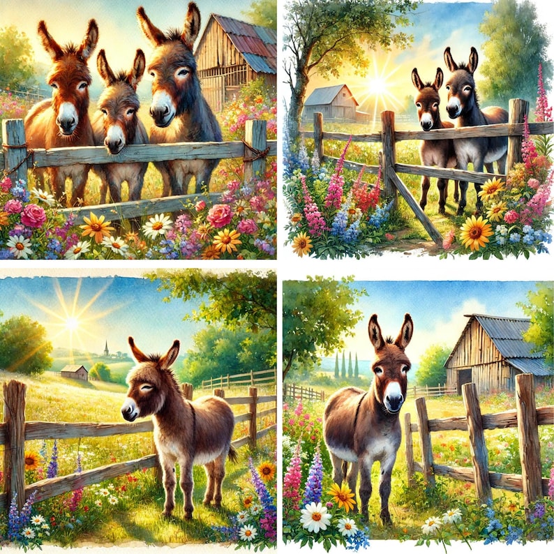 Donkey Clipart, Watercolor Donkey Clipart Digital Paper Commercial Use ...
