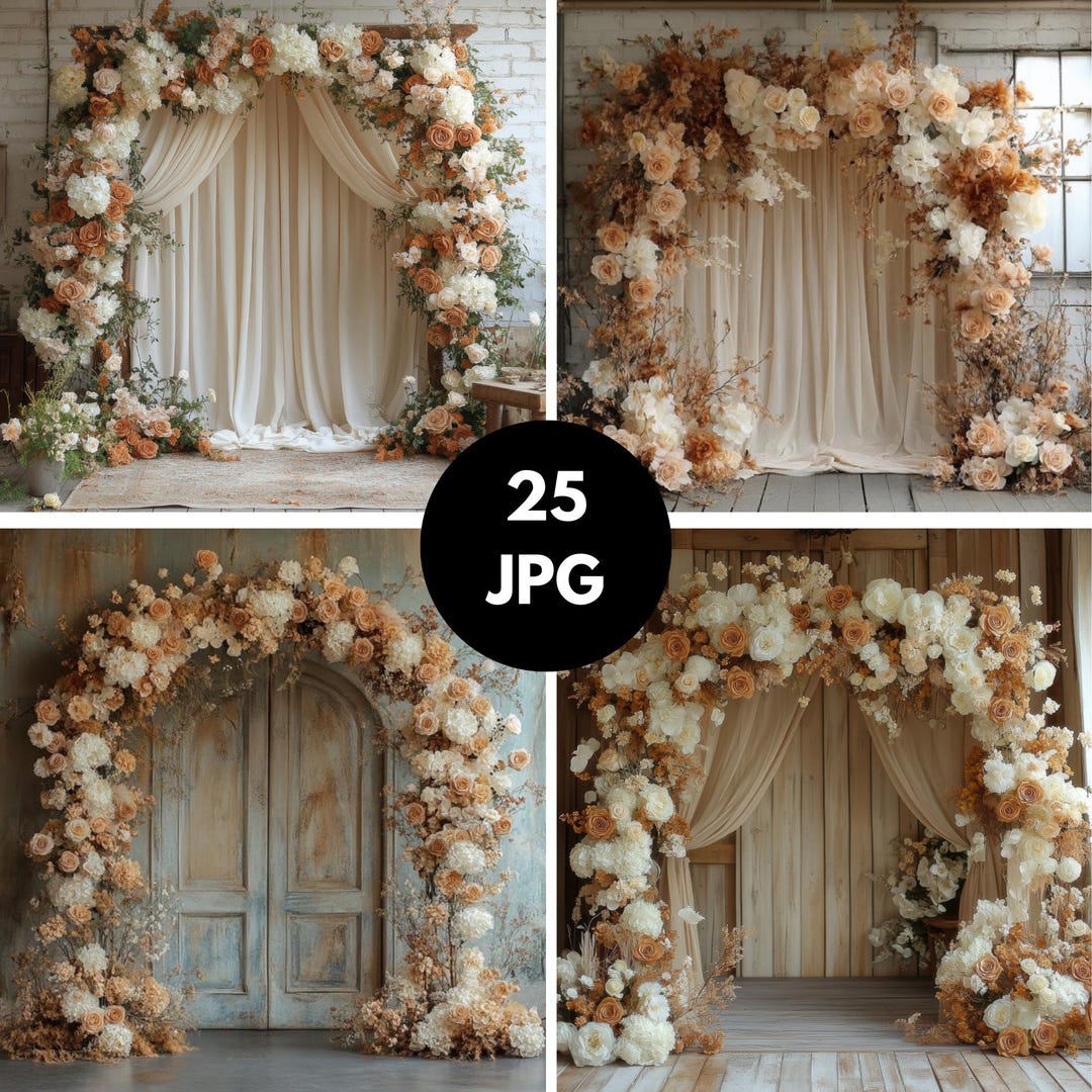 Beige Floral Arch Backdrop, Boho Wedding Floral Arch Digital Backdrops ...