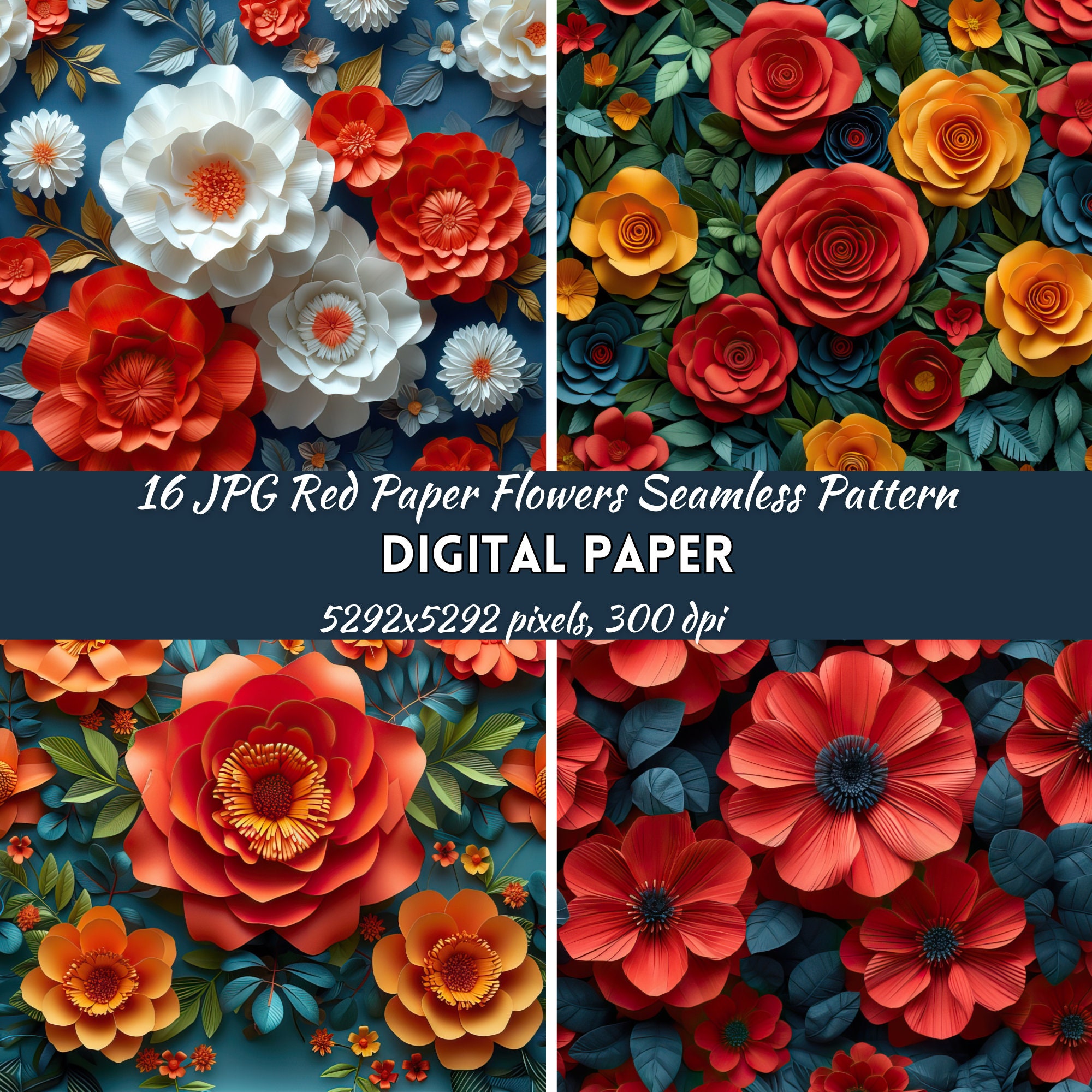 Paper Flowers, Red Paper Flowers Seamless Pattern, Digital Paper, 3D ...