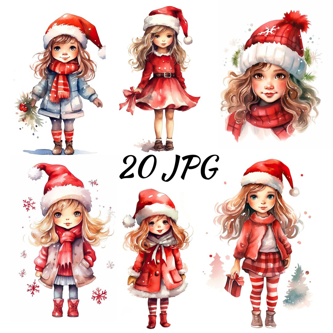 Watercolor Christmas Girl Clipart, Christmas Girl Clipart, Santa Girl ...