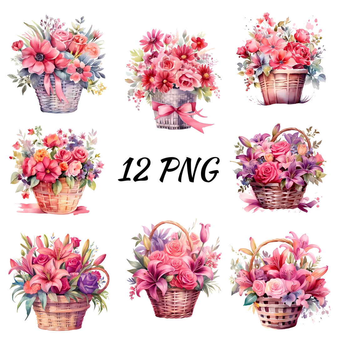 Watercolor Basket With Pink Flowers Clipart, Watercolor Clipart, Floral ...