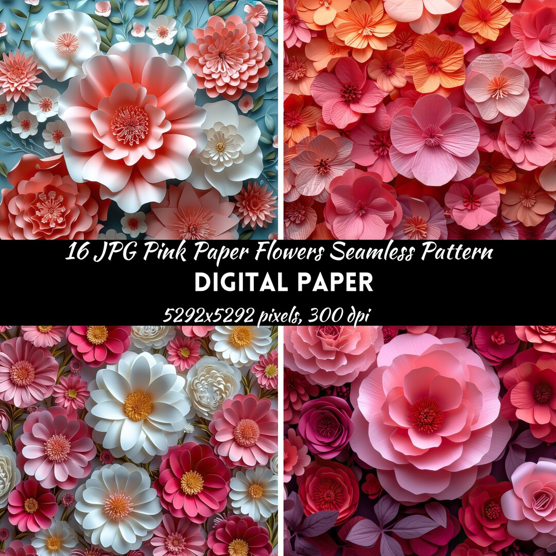 Pink Paper Flowers, Paper Flowers Seamless Pattern Digital Paper, 3D ...
