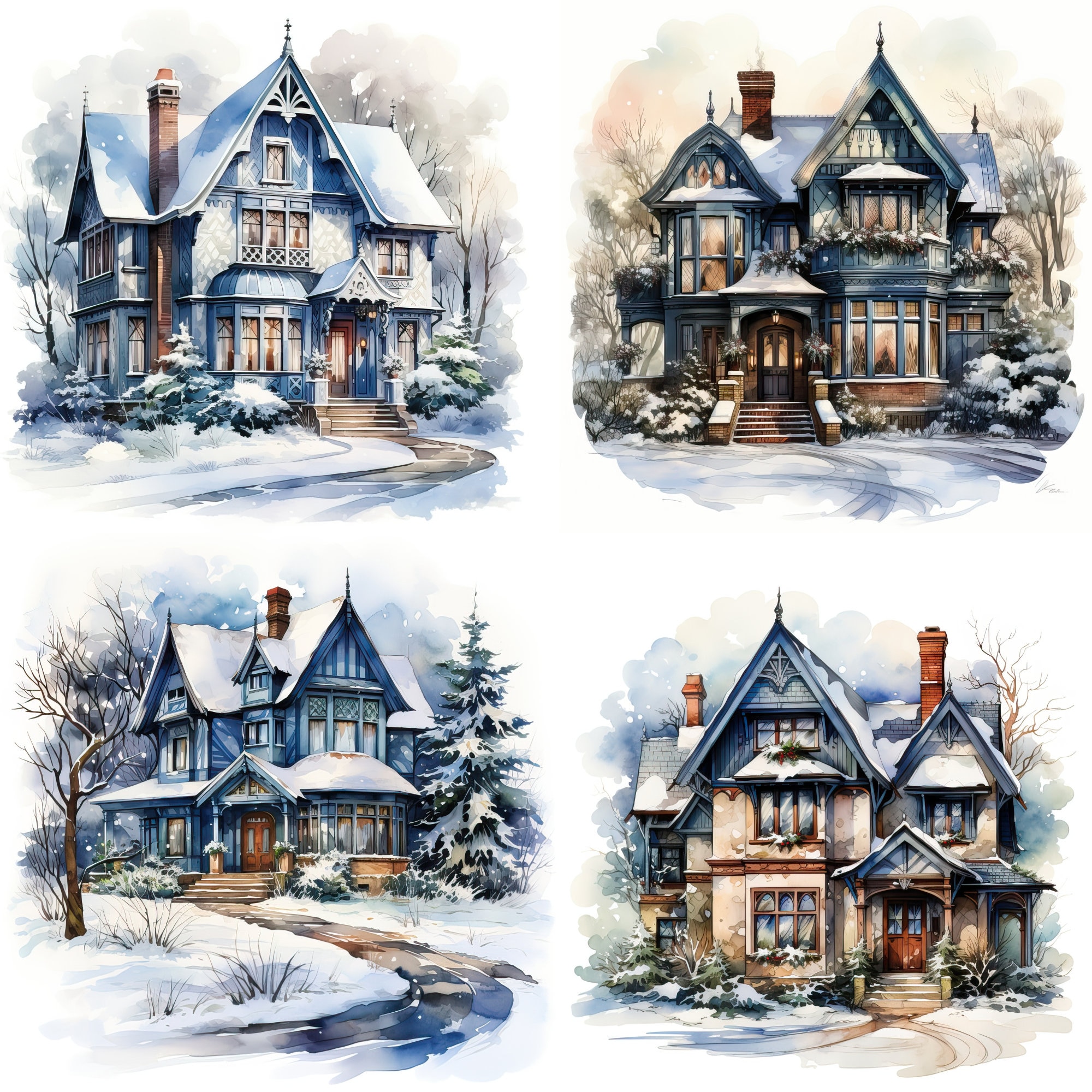 Christmas House Watercolor Clipart, Winter House Clipart, Winter Cabin ...