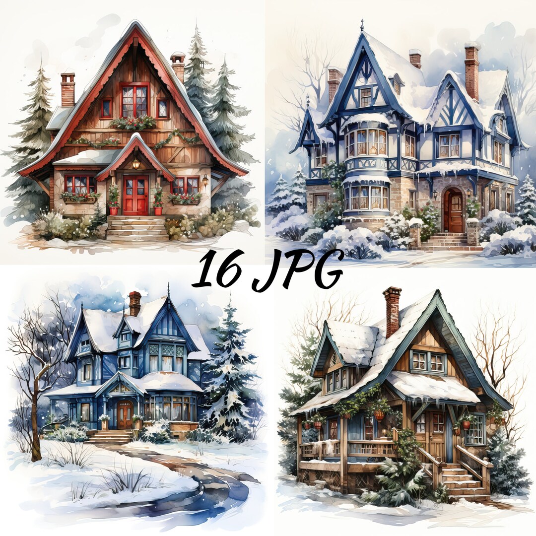 Christmas House Watercolor Clipart, Winter House Clipart, Winter Cabin ...