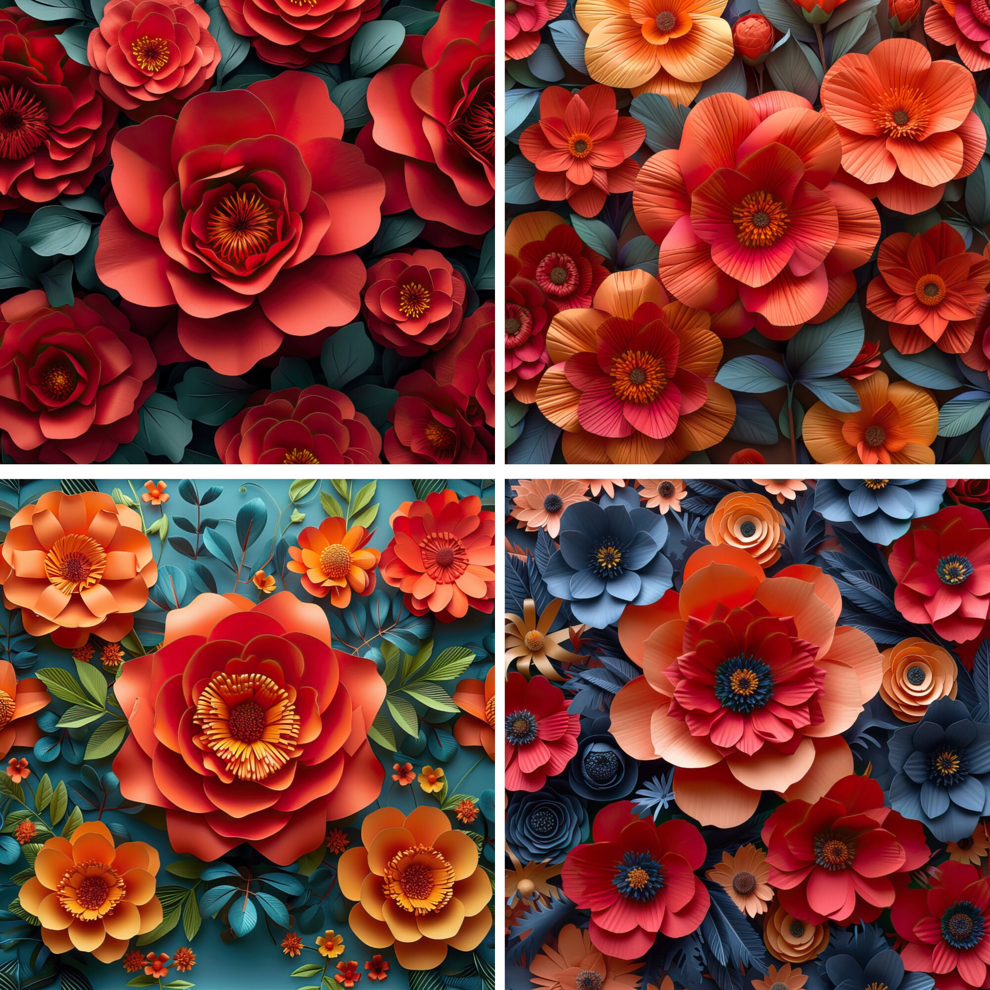 Paper Flowers, Red Paper Flowers Seamless Pattern, Digital Paper, 3D ...