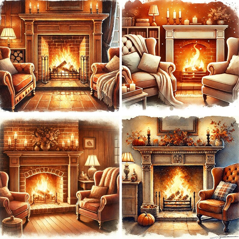 Watercolor Fireplace,autumn Clipart, 20 JPG Watercolor Cozy Fireplace ...