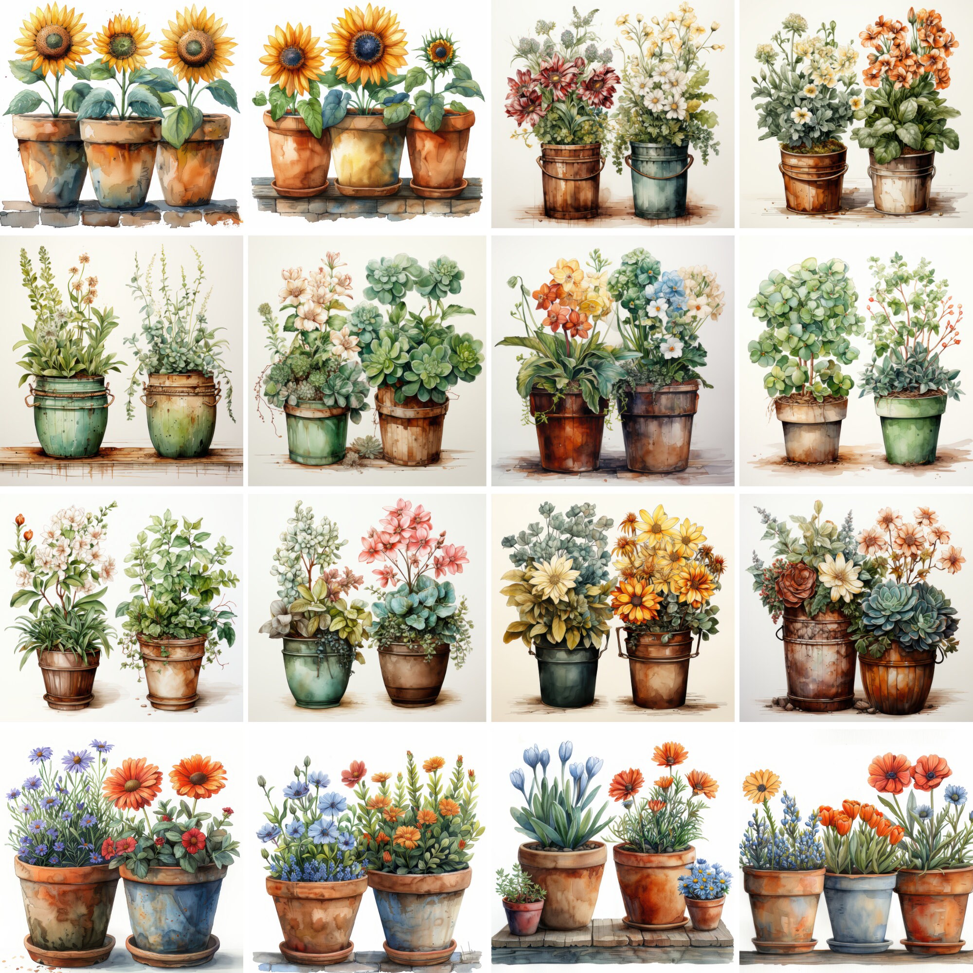 Flower Pot Clipart Digital Paper Commercial Use, Rustic Pots, Printable ...