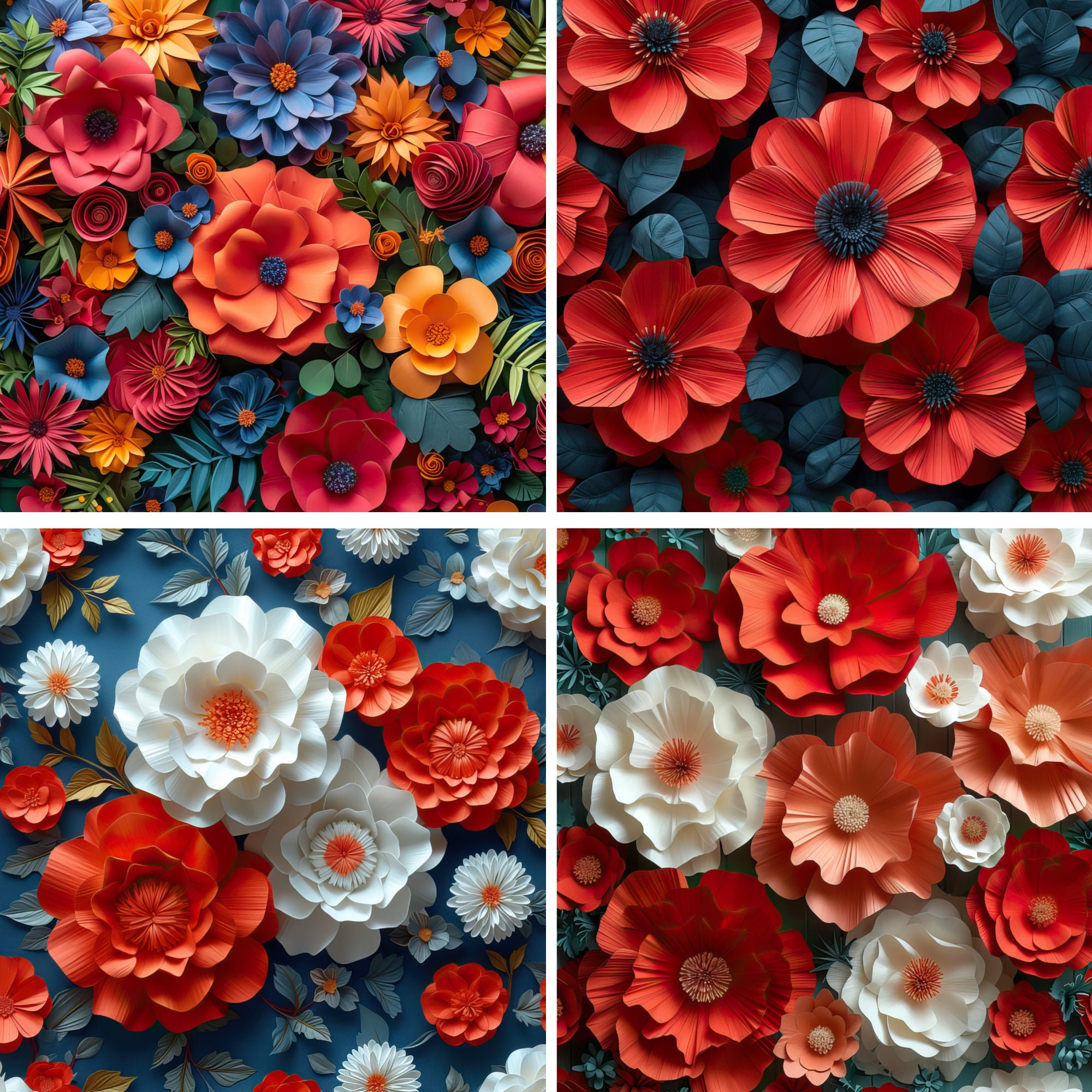 Paper Flowers, Red Paper Flowers Seamless Pattern, Digital Paper, 3D ...