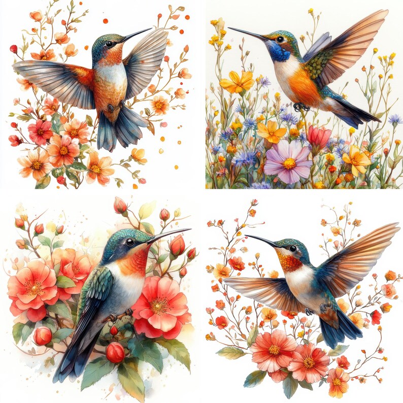 Hummingbird Clipart, Hummingbird Digital Illustration Paper Card Making ...