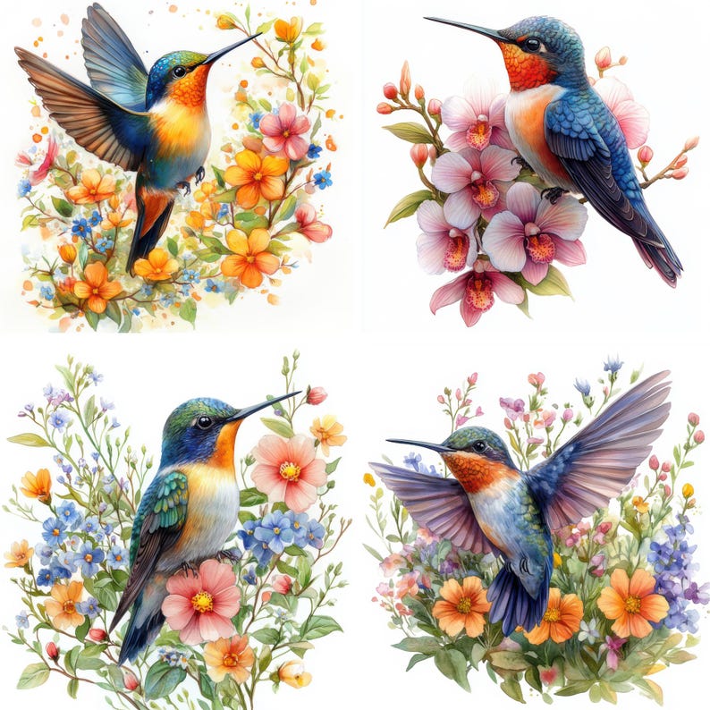 Hummingbird Clipart, Hummingbird Digital Illustration Paper Card Making ...