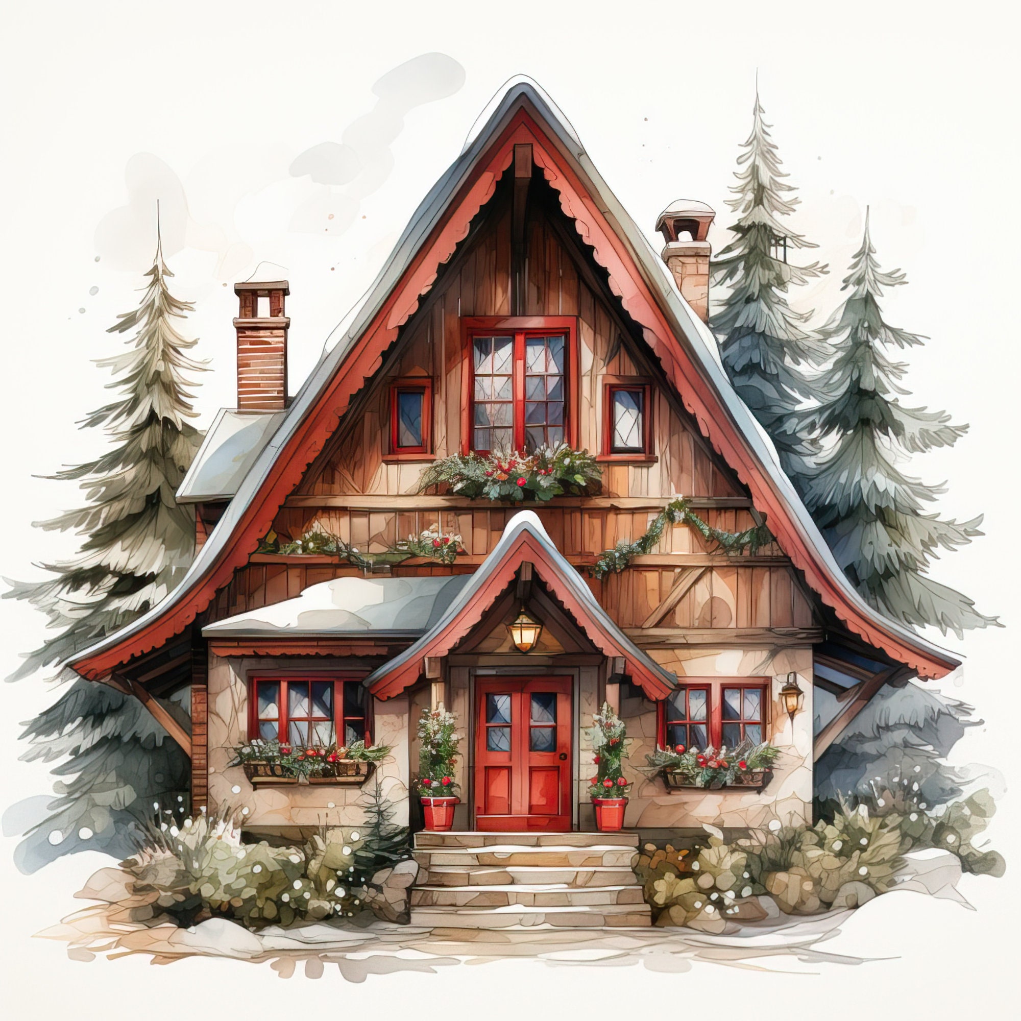 Christmas House Watercolor Clipart, Winter House Clipart, Winter Cabin ...