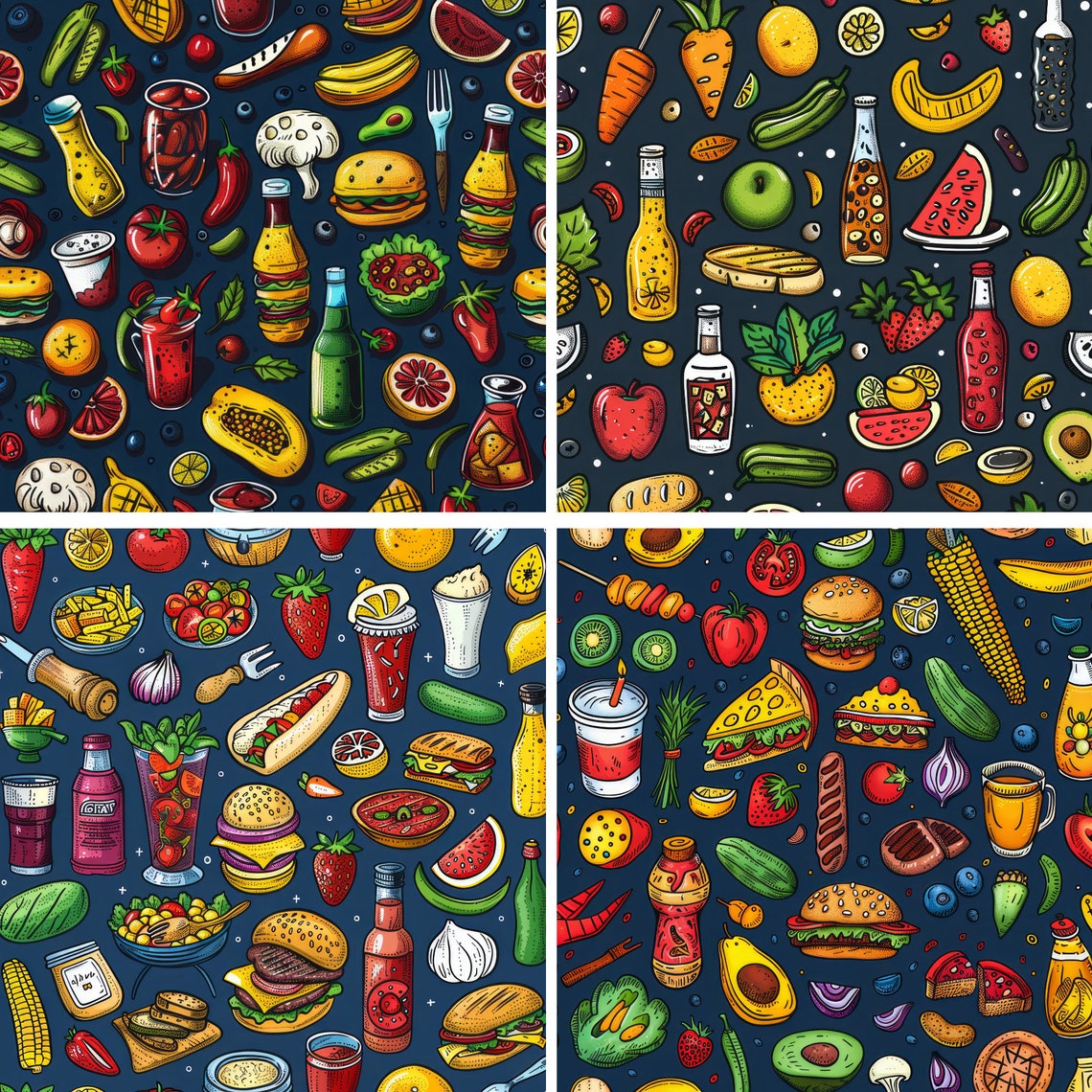 Barbeque and Food Doodles Seamless Pattern Clipart Digital Paper, Food ...