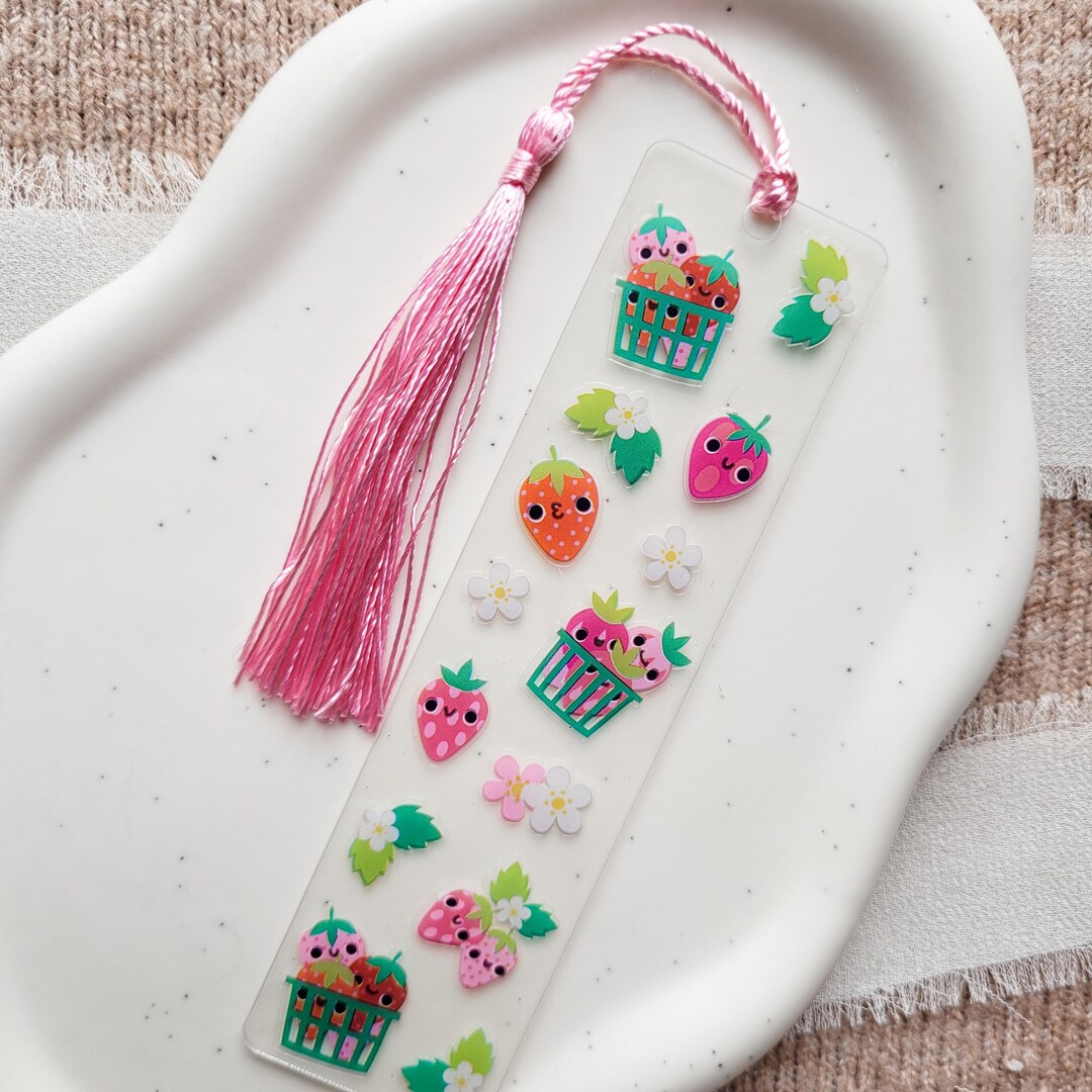 Happy Strawberries Acrylic Bookmark With Tassel - Durable Bookmarks for ...