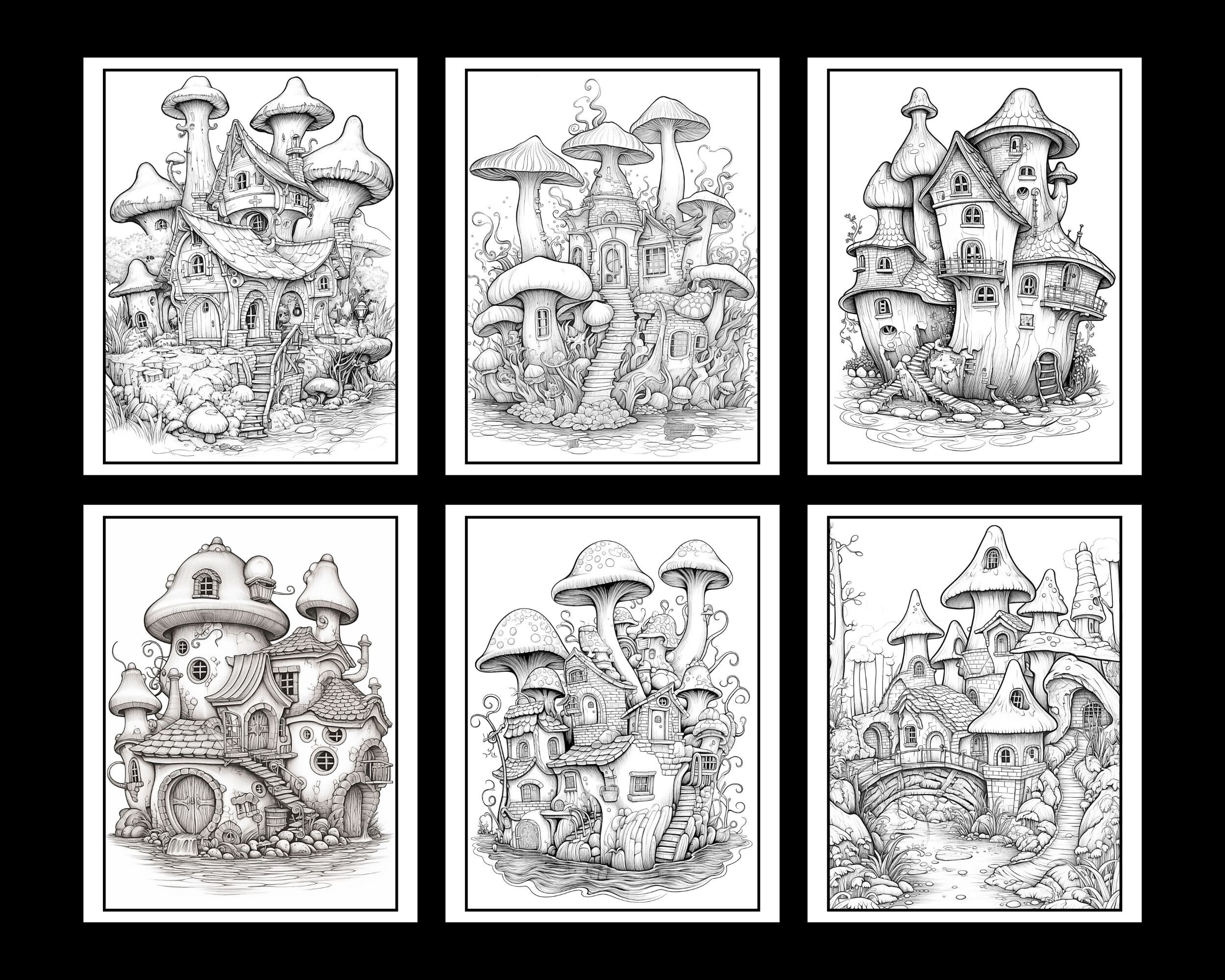 Magic Mushroom Houses Coloring Book Pages for Adults Coloring - Etsy
