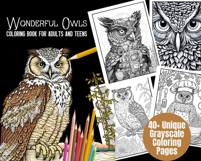 Owl Coloring Book Pages Adult Owls Coloring Pages for ADHD Grayscale ...