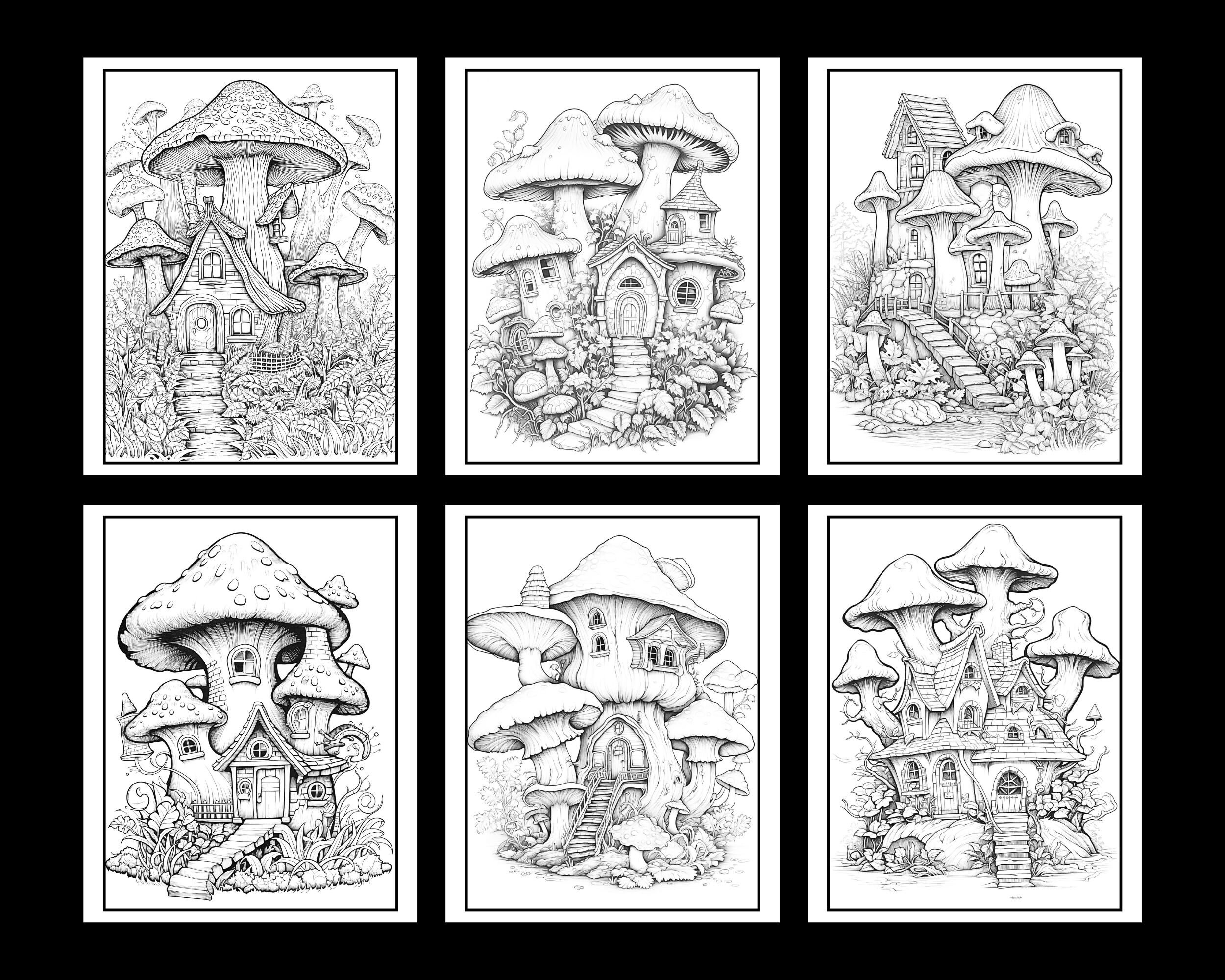 Magic Mushroom Houses Coloring Book Pages for Adults Coloring - Etsy