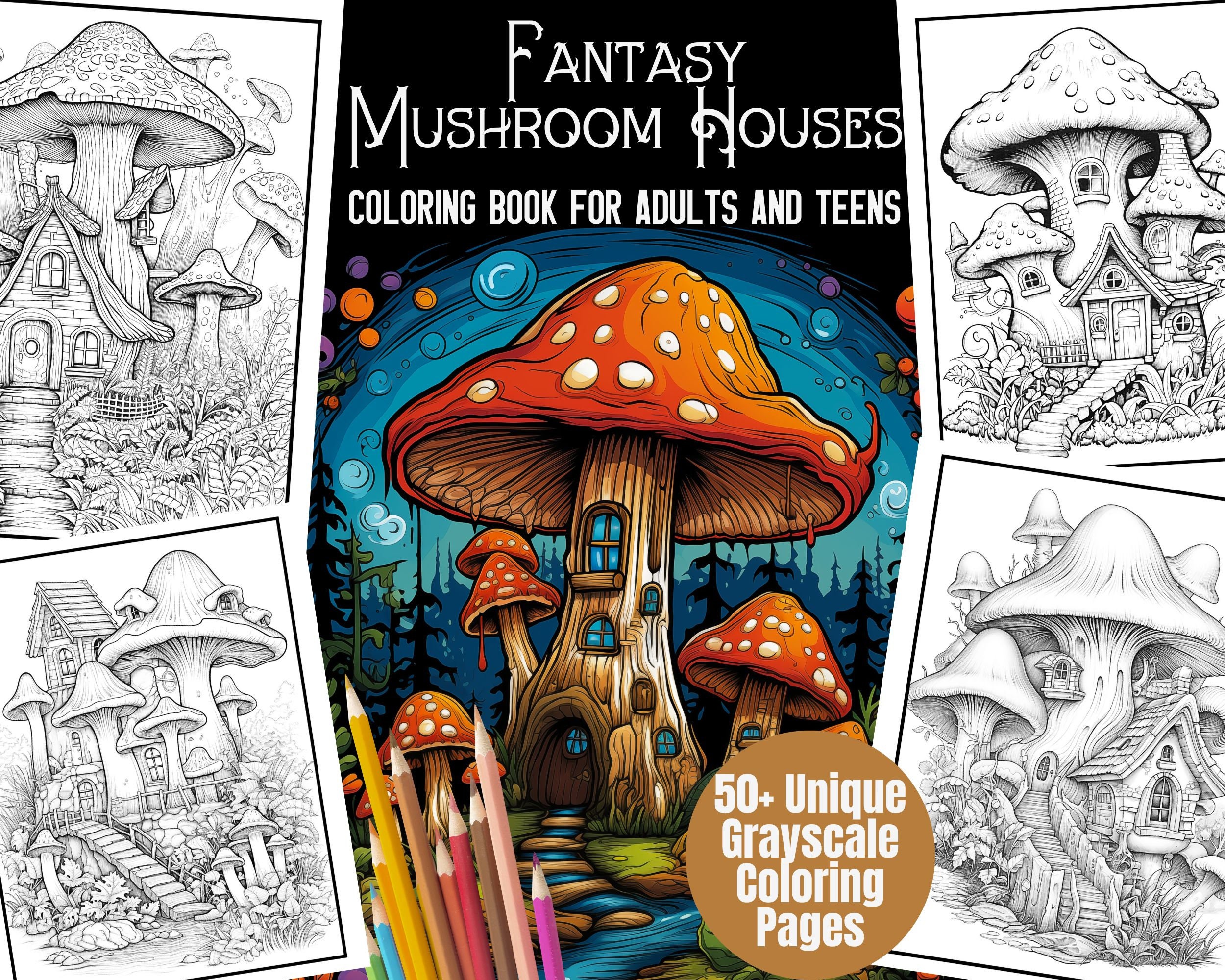 Magic Mushroom Houses Coloring Book Pages for Adults Coloring - Etsy