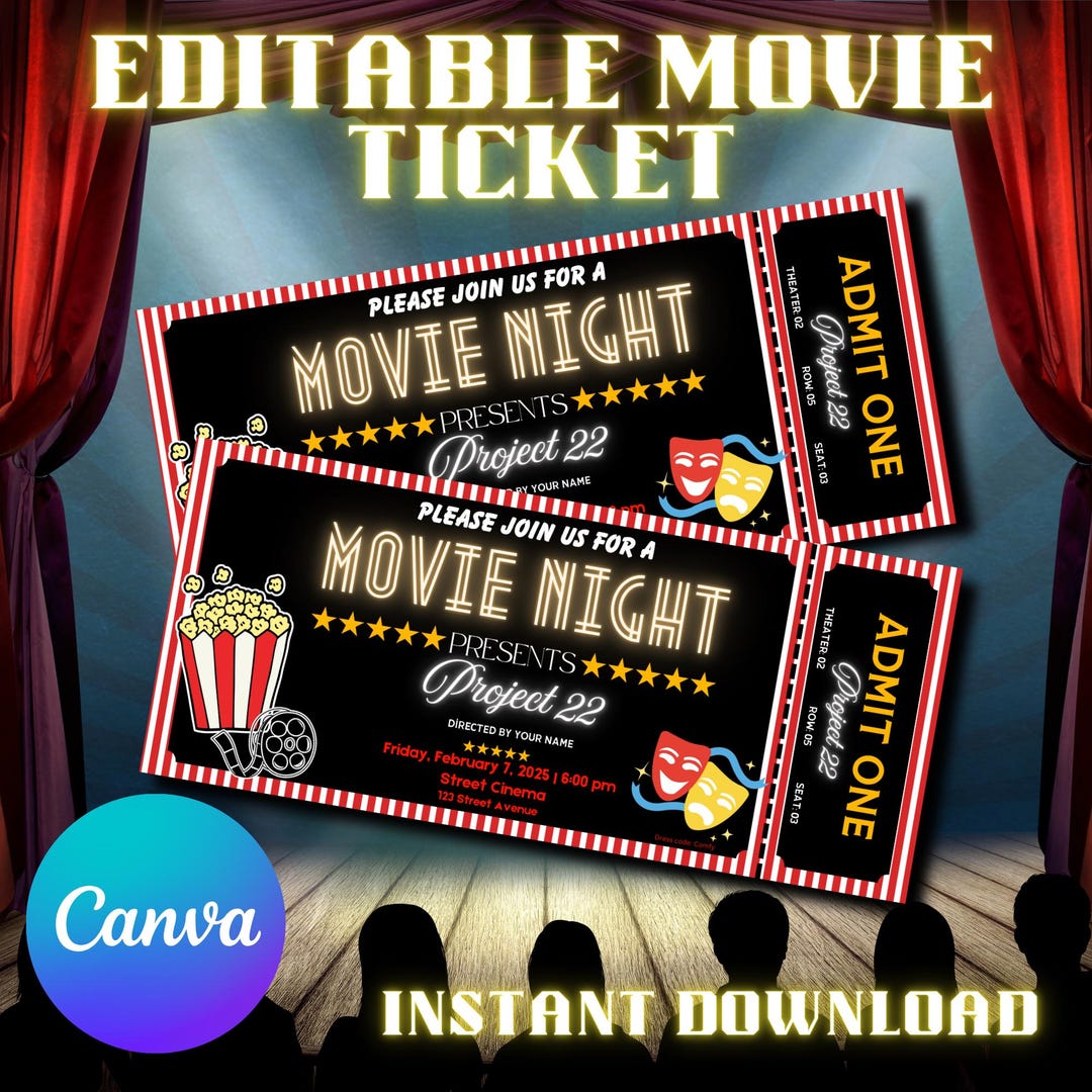 Movie Night Ticket, Editable Movie Night Ticket, Invitation, Movie ...