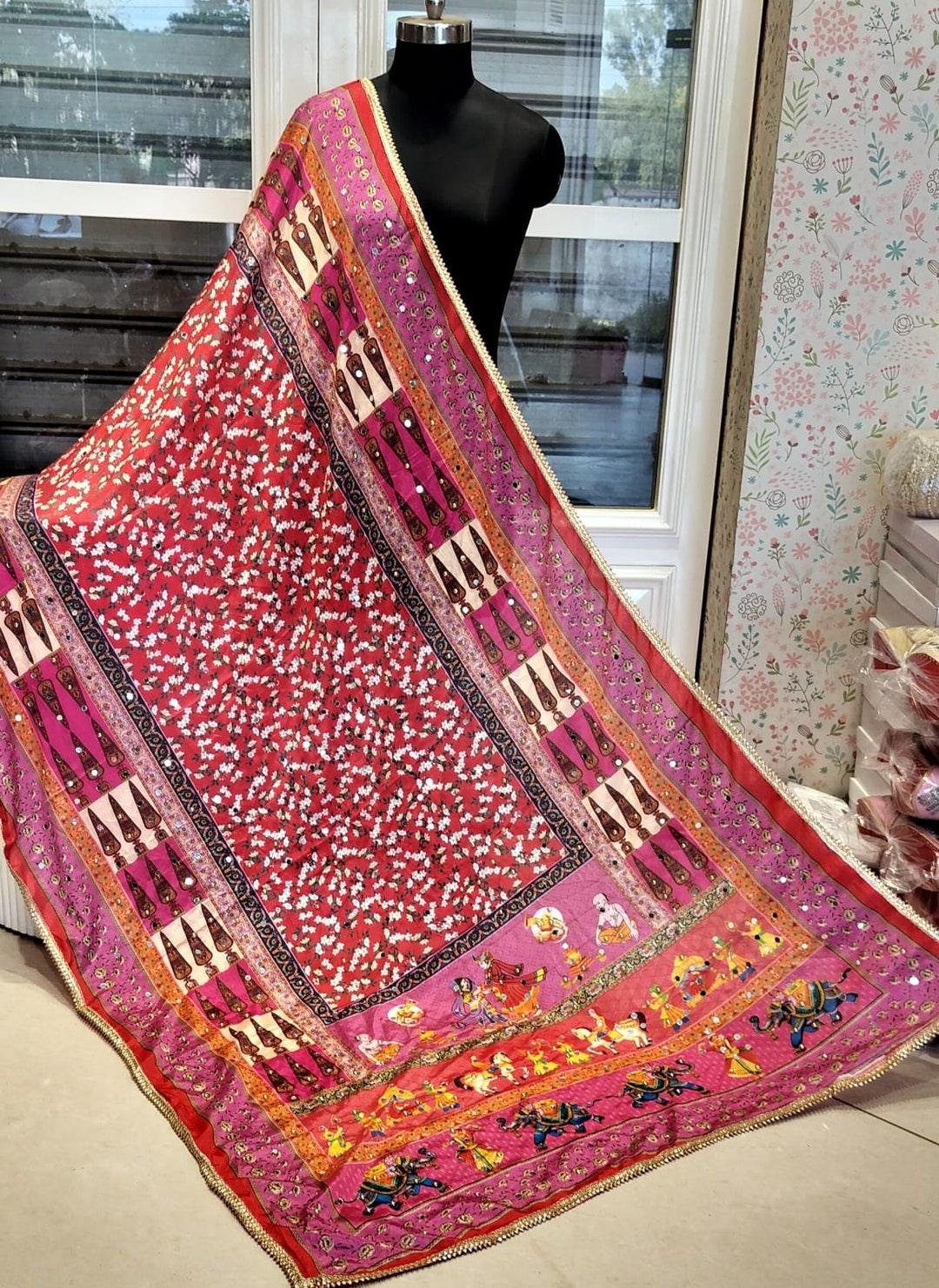 Rajasthani Dholki Dupatta Indian Ethnic Printed Mirror Dupatta/shawl ...