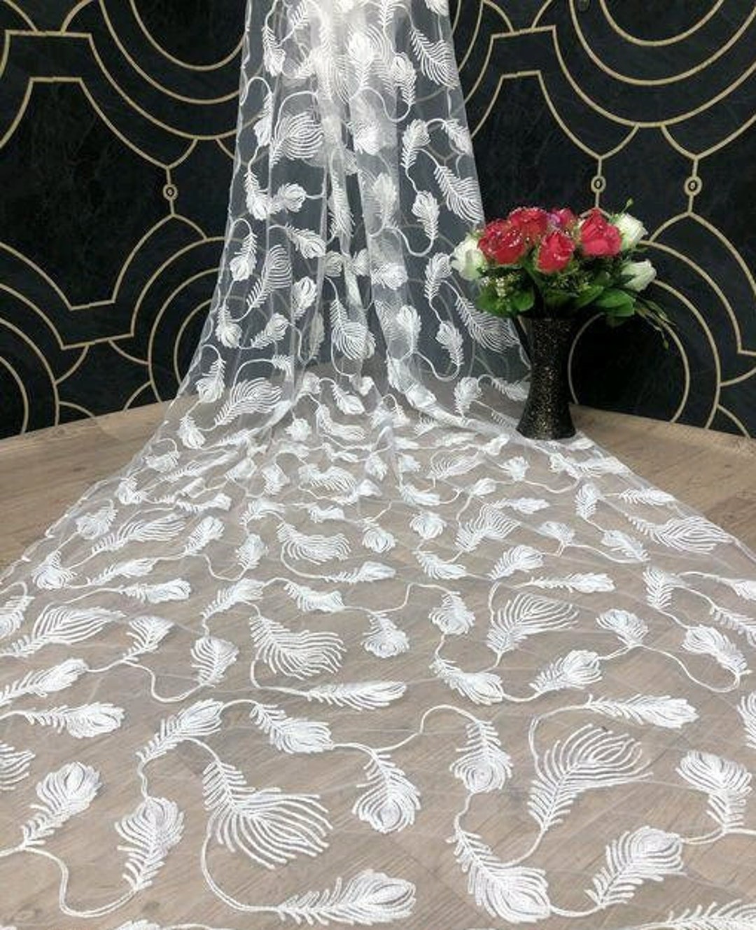 White Net Dupatta Embroidered Dupatta Heavy Shawl Indian Chunni Party ...