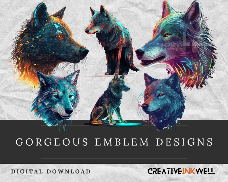 Celestial Neon Wolf Clipart Collection | 30 Vibrant Watercolor Designs ...