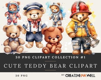 Cute Teddy Bear Clip Art, Watercolor Style - Etsy