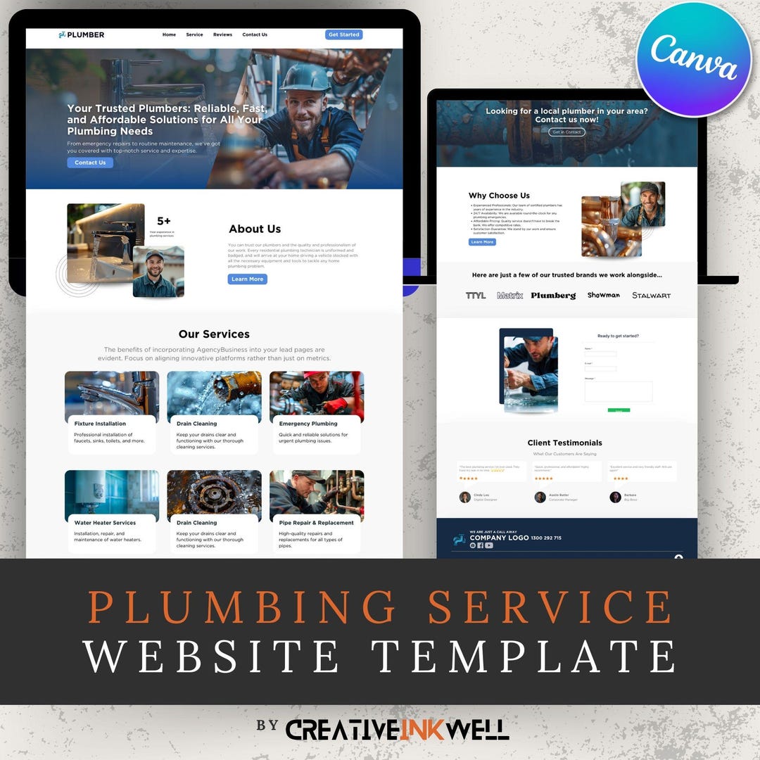 Plumbing Service Website Template | Canva | Professional | Contact Form | Canva Landing Page ...