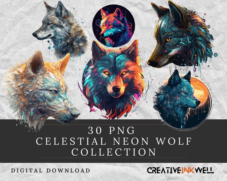 Celestial Neon Wolf Clipart Collection | 30 Vibrant Watercolor Designs ...
