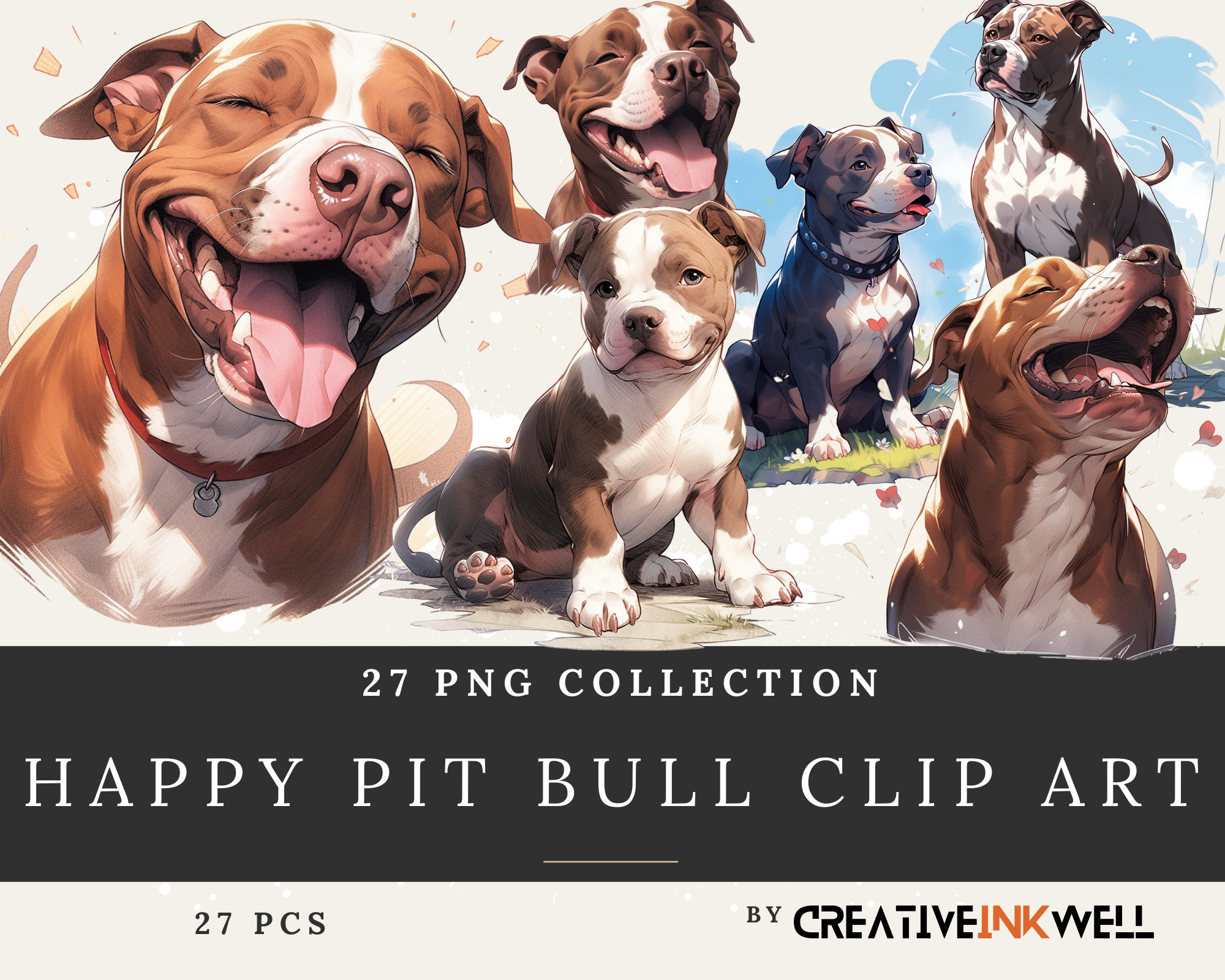 Happy Pit Bull Clip Art Collection | 27 PNG | High-resolution | Vibrant ...