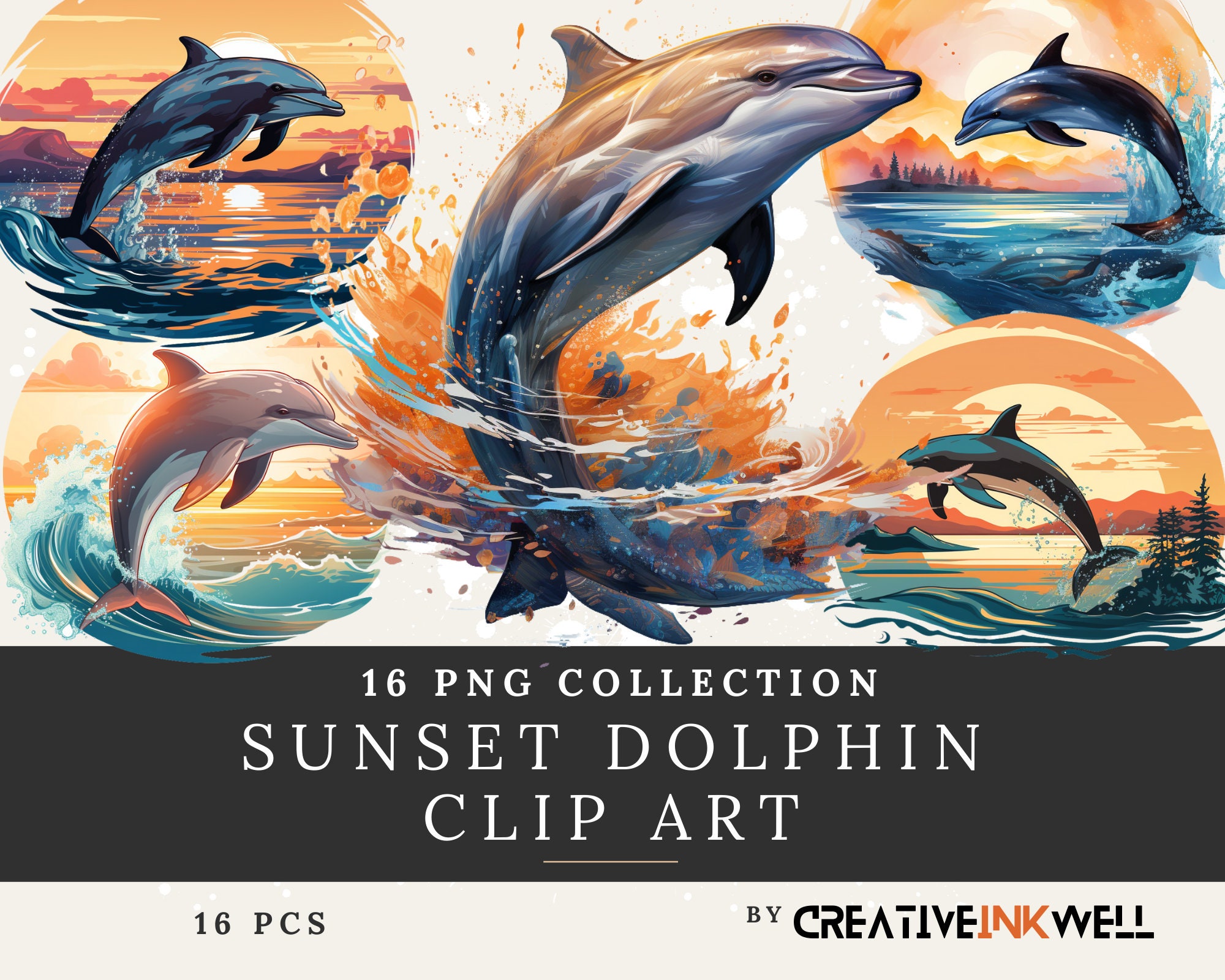 Sunset Dolphin Clip Art Collection | 16 PNG | High-resolution | Beach ...