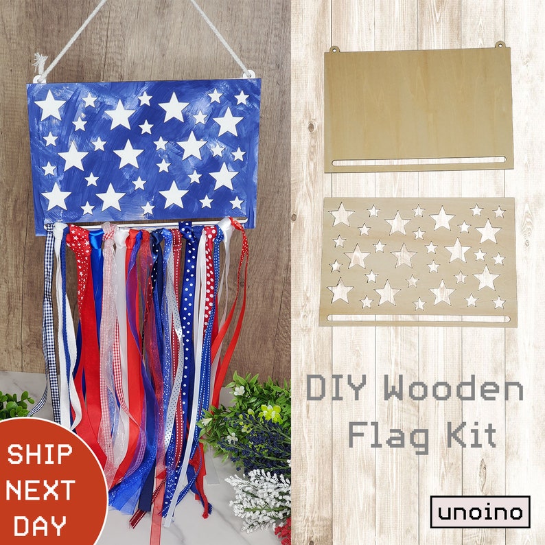 2 Piece Wooden Flag Cut Out, DIY Wooden Flag, Wood Craft Kit, July 4th ...