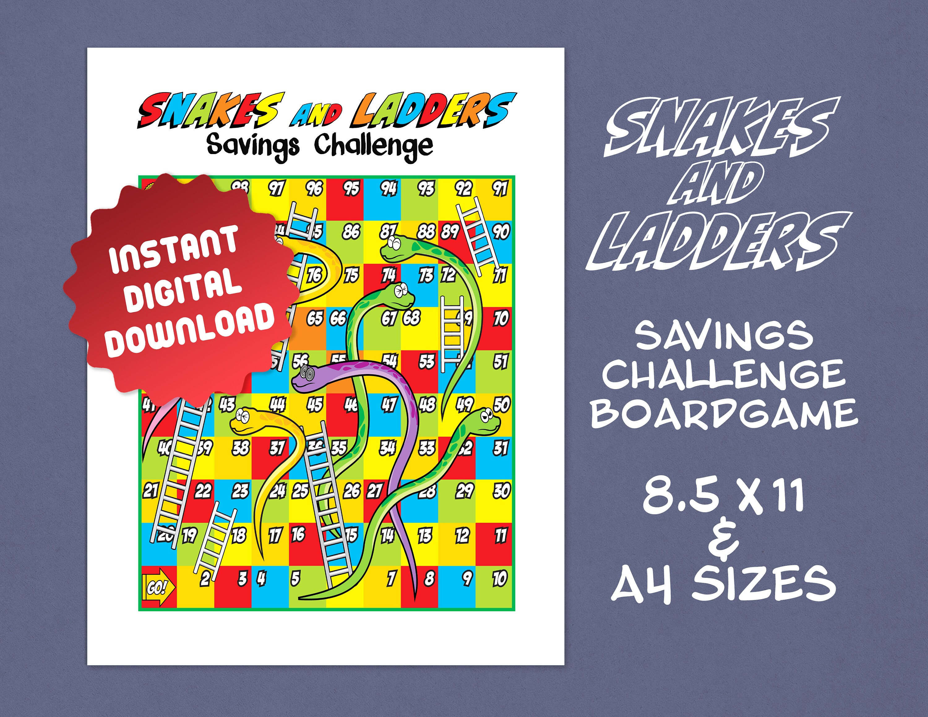 Board Game Saving Challenge Games Printable Snakes and Ladders Game ...