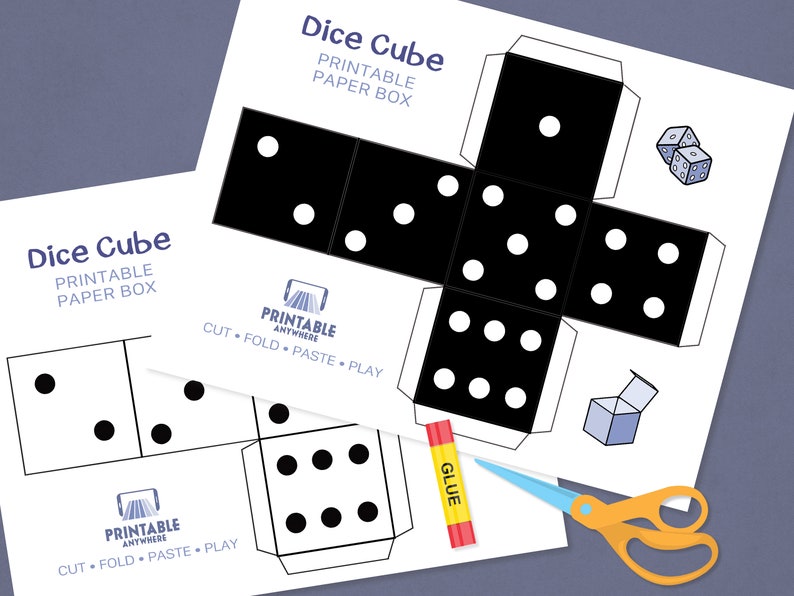 Dice Cube Printable Digital Download Paper Gift Box White Fun Kids ...