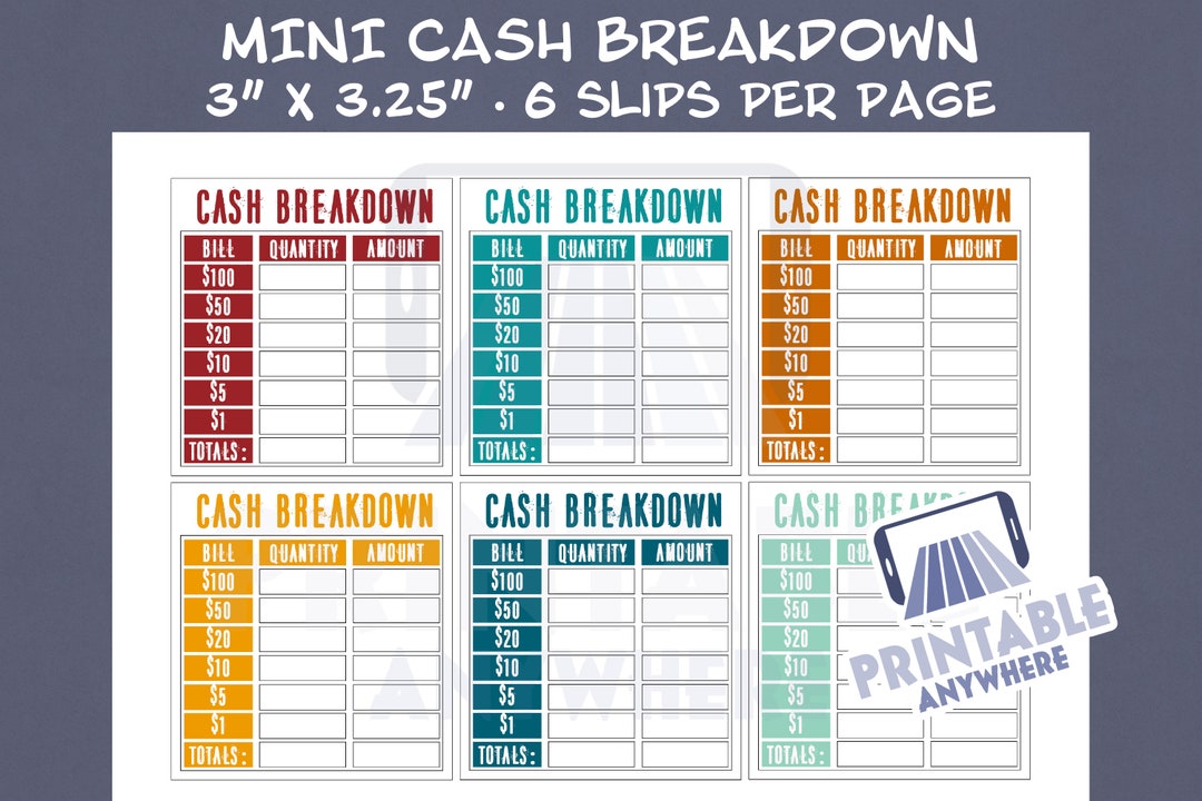 Mini Cash Breakdown Slip Printable Bank Teller Slip Printable Cash ...