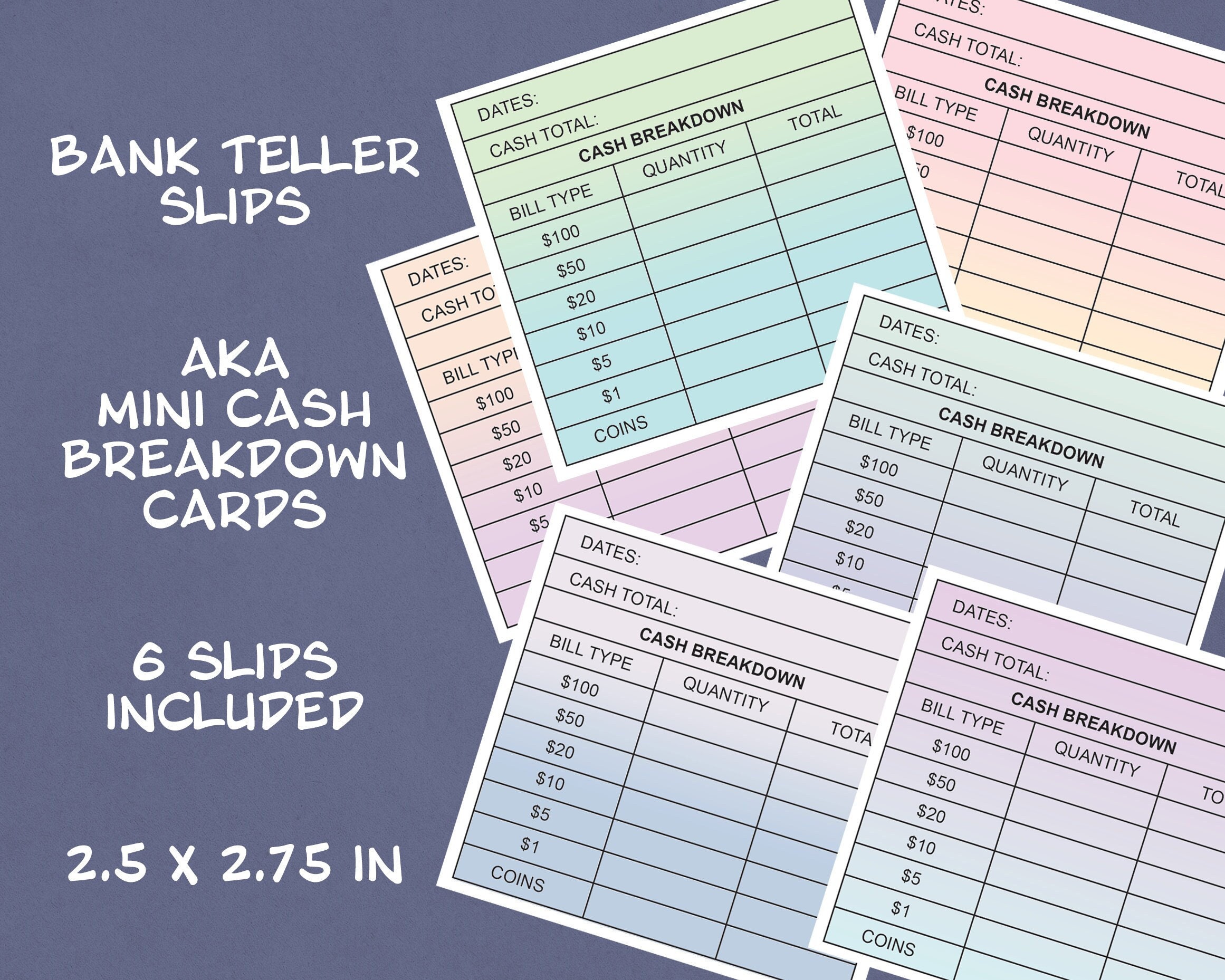Cash Breakdown Cards Printable Bank Teller Slips Printable Cashier Slip ...