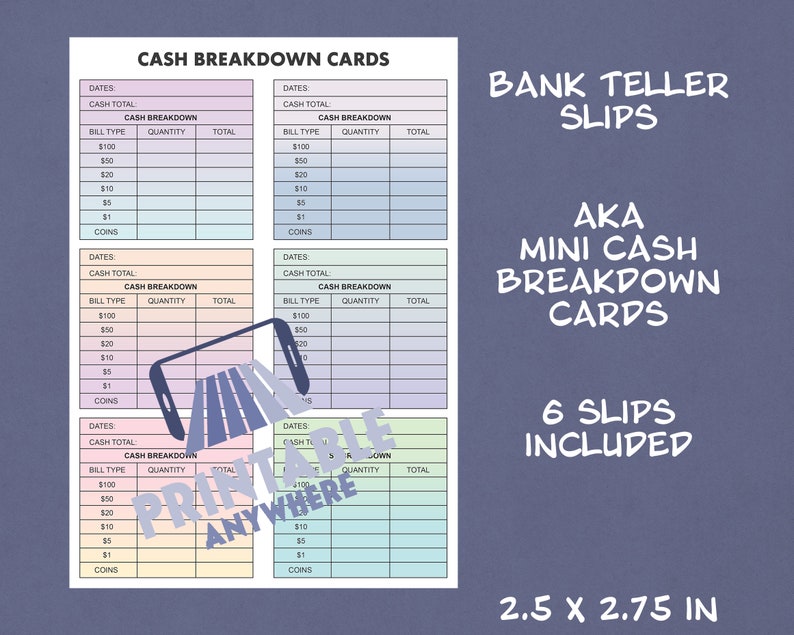 Cash Breakdown Cards Printable Bank Teller Slips Printable Cashier Slip ...