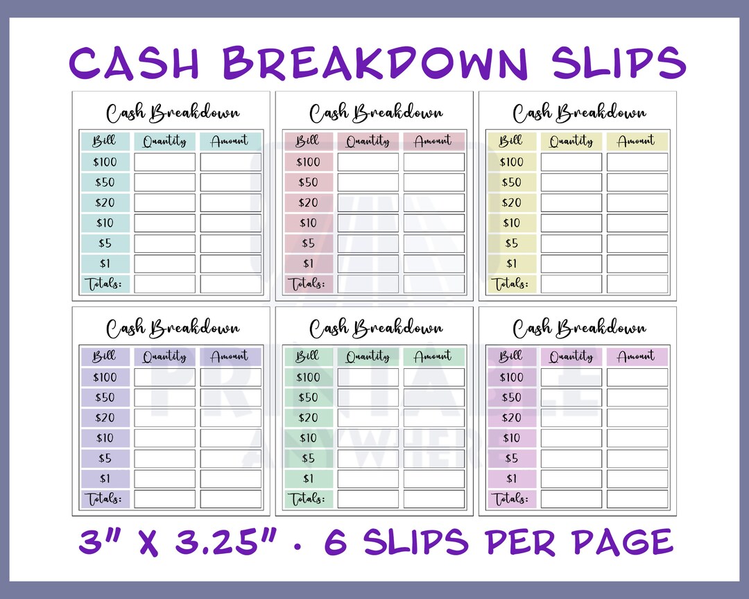 Mini Cash Breakdown Slip Printable Bank Teller Slip Printable Cash ...