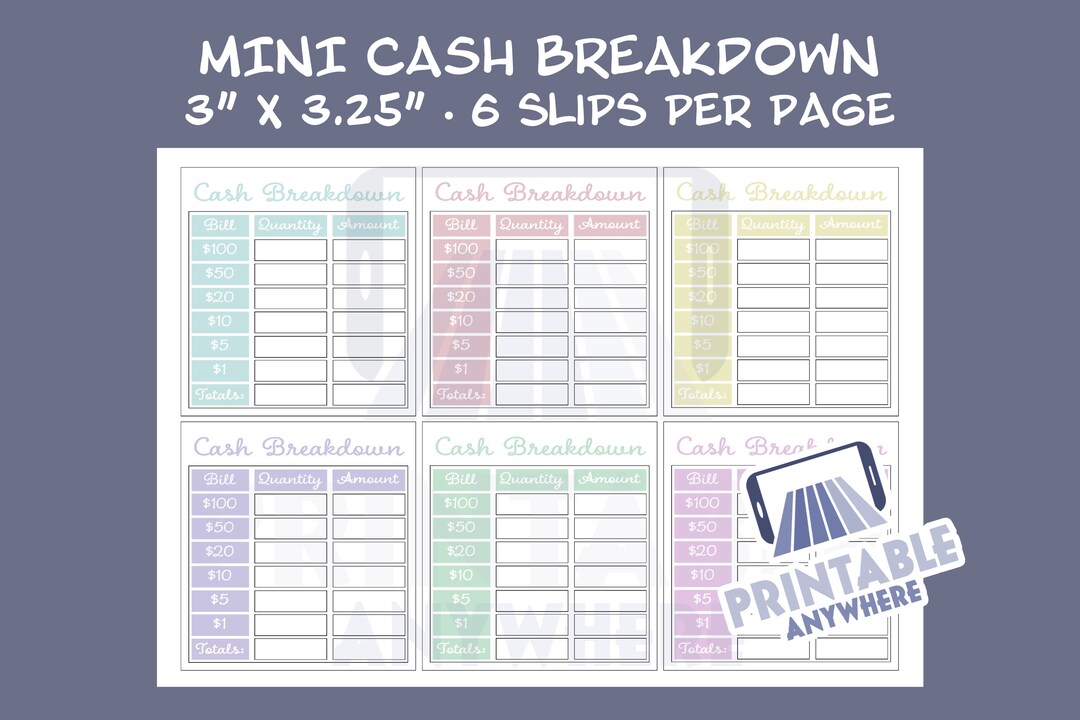 Mini Cash Breakdown Slip Printable Bank Teller Slip Printable Cash ...