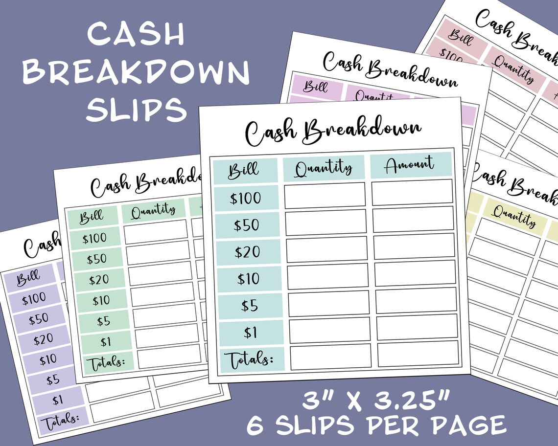 Cash Breakdown Slip Printable Bank Teller Slip Printable Cash Slips ...